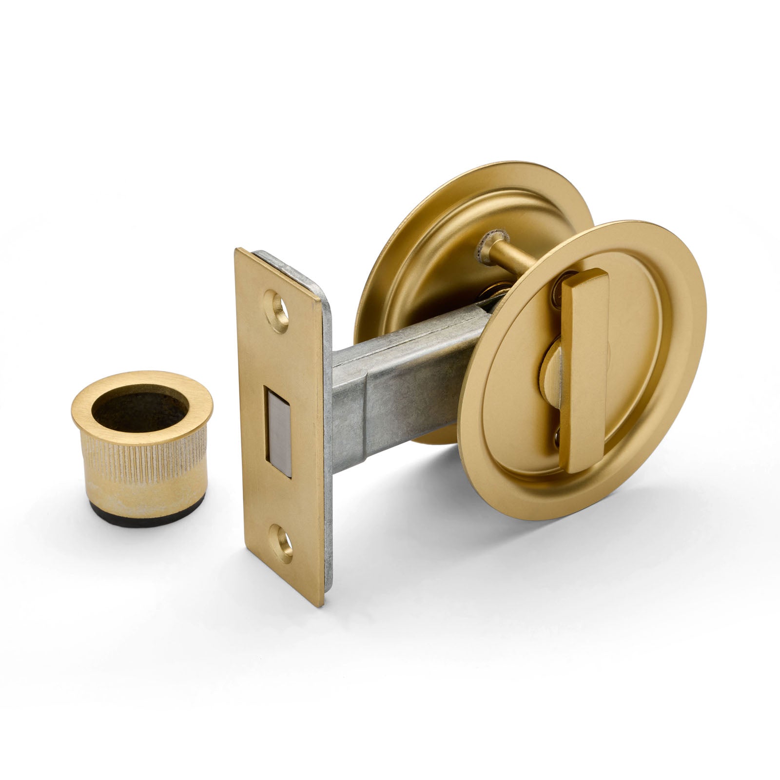 Satin Brass Round Sliding Cavity Privacy Lock | Manovella